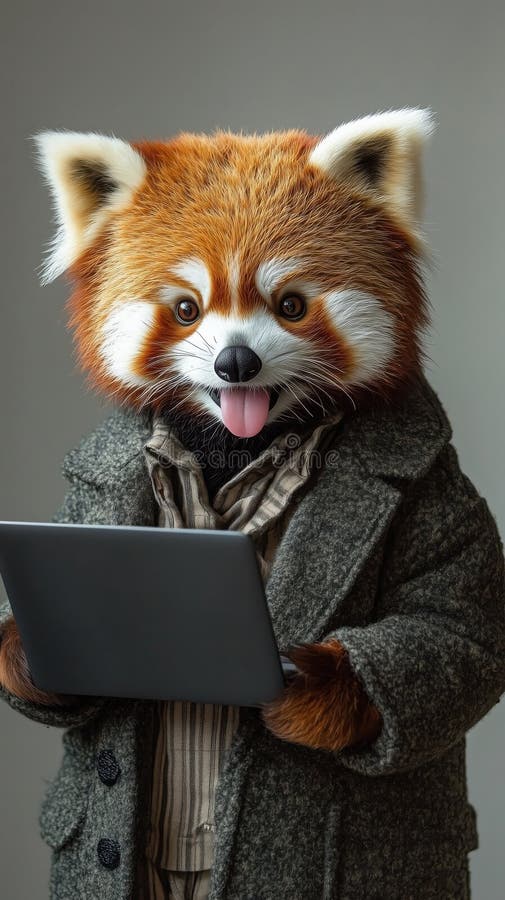 Red Panda in Stylish Coat Holds Laptop, Showcasing Playful Expression ...