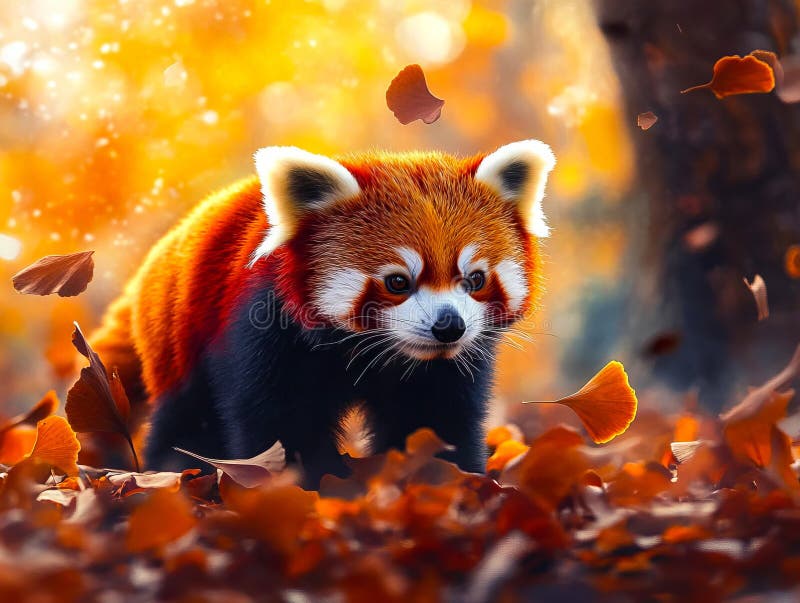 A Red Panda Walking through a Forest Filled with Leaves Stock Image ...