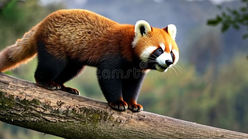 Red Panda Walking on a Tree Branch in Forest View Background. Stock ...