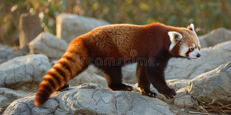 A Red Panda Walks on Rocks with Its Bushy Tail Trailing Behind it Stock ...