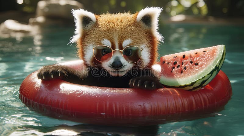Red Panda Watermelon Float Mirror Glasses Calm Pool Stock Photos - Free ...