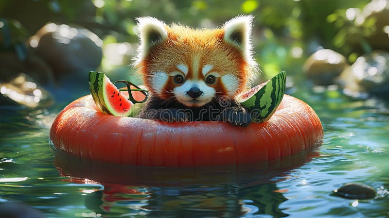 Red Panda in Watermelon Float, Mirror Glasses, Calm Pool . Stock Image ...