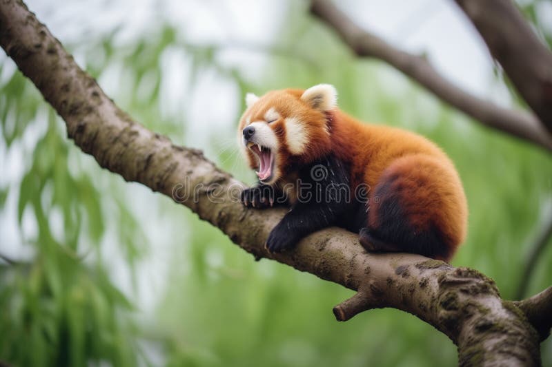 Red Panda Yawning on a Tree Limb Stock Image - Image of arboreal ...