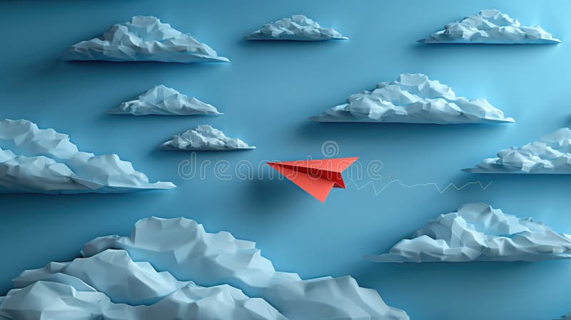 Red Paper Airplane Flying among 3D Puffy Clouds in Blue Sky. Stock ...