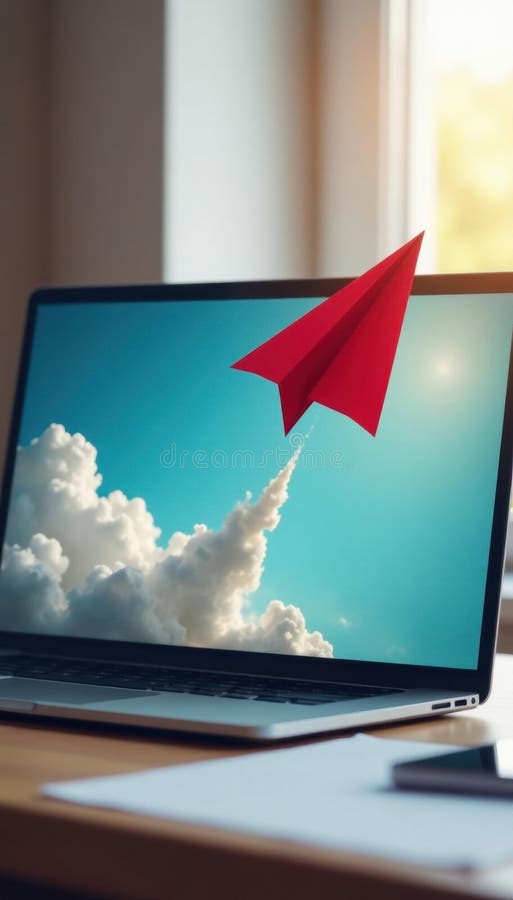 Red Paper Airplane Launching from Laptop Screen, Online, Gray, Design ...