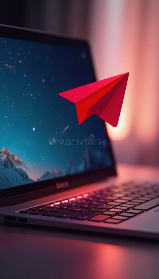 Red Paper Airplane Launching from Laptop Screen, Technology, Office ...