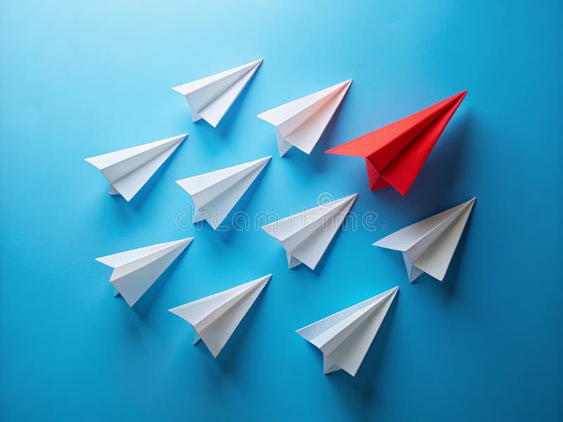 Red Paper Airplane Leading a Flight of White Ones a Visual Metaphor for ...