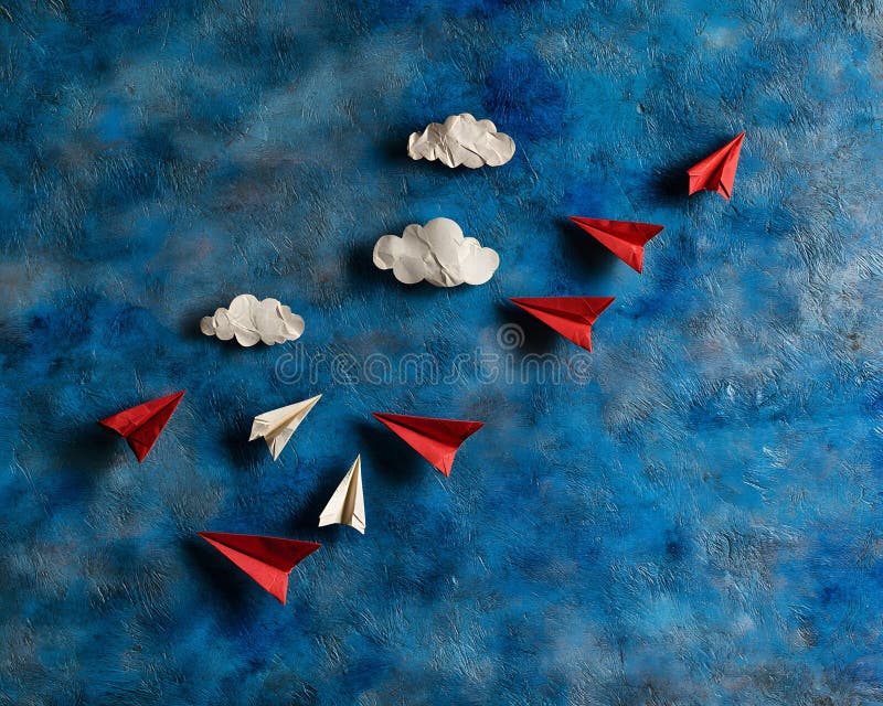 Paper Airplanes Fly among Paper Clouds Against a Textured Blue Backdrop ...