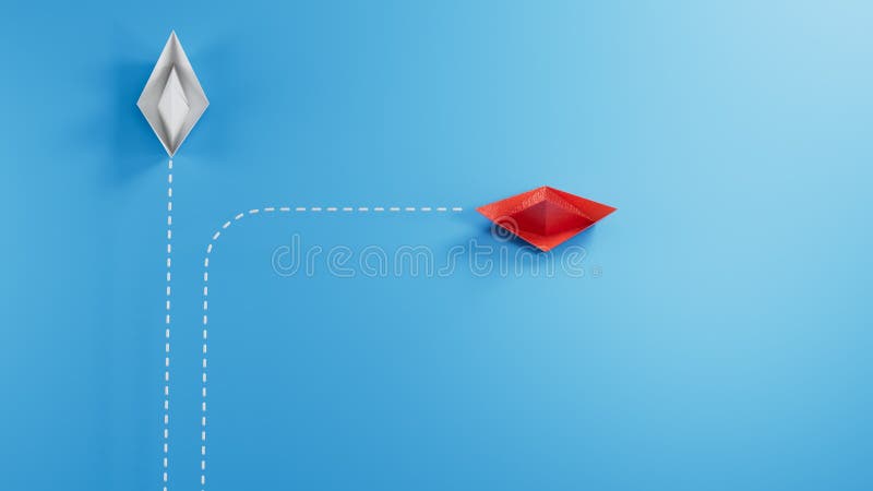 Red Paper Boat Pointing in New Direction on Blue Background, New Normal ...