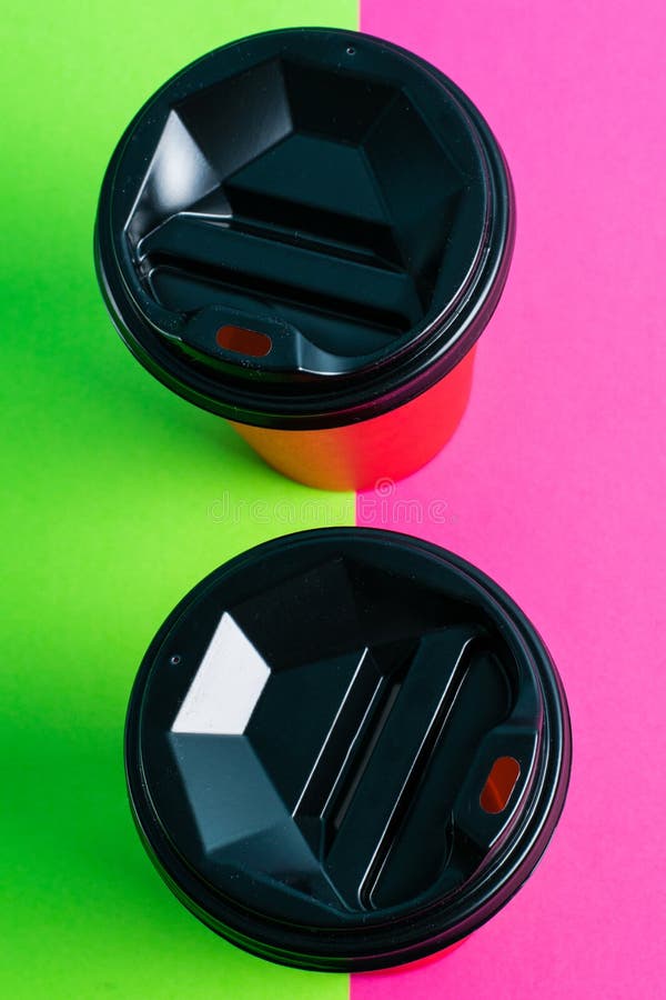 Red Paper Cups with Plastic Lids on Bright Paper Backdrops Copy Space ...