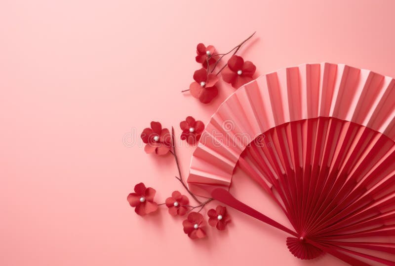 Red Paper Fan with Red Leaves and Buds and Pink Background Stock ...