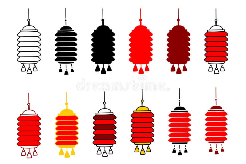 Red Paper Lantern Icon Collection. Rectangular Lamp with Tassels ...