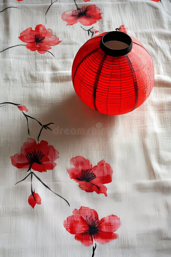 Red Paper Lantern on White Fabric with Floral Pattern, Asian Style Home ...