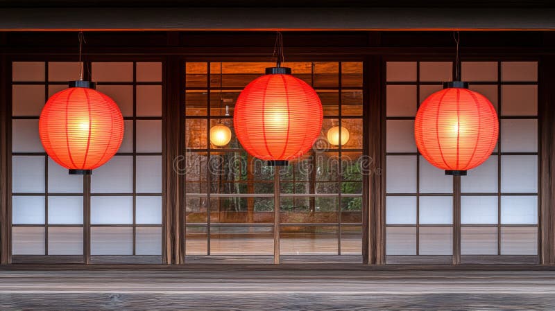 Red Paper Lanterns Illuminate Japanese Building at Dusk Stock ...