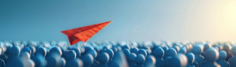 Red Paper Plane Elevating Over White Group, Birdseye Perspective, Clear ...