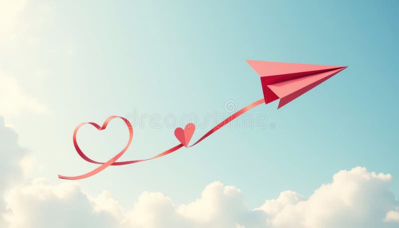 Red Paper Plane with Heart-shaped Ribbon in Blue Sky Stock Illustration ...