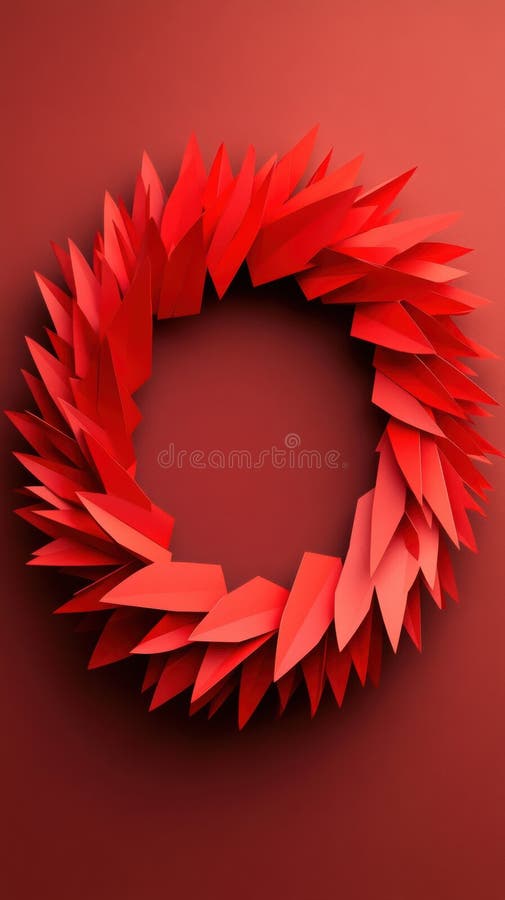Red Paper Wreath with Sharp, Angular Folds on a Matching Red Background ...