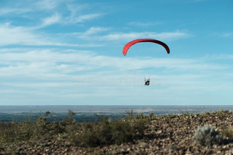 Red Paragliding Take Offs on Beautiful Blue Sky with Clouds Stock Image ...