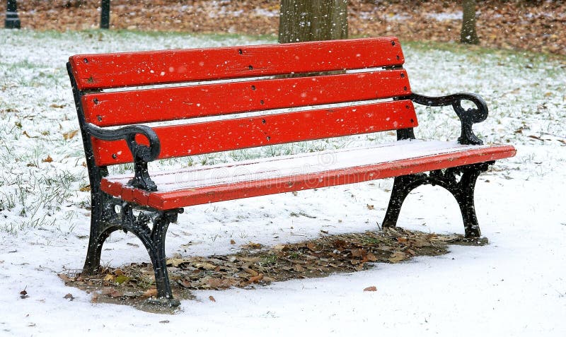 Red Park Bench Covered in Light Snow in Autumn Stock Illustration ...
