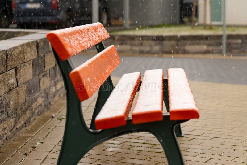 Red Park Bench with Light Snow on it Stock Photo - Image of forest ...