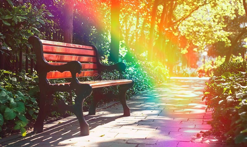 Red Park Bench on Path, Rainbow Light, Lush Green Garden Background ...