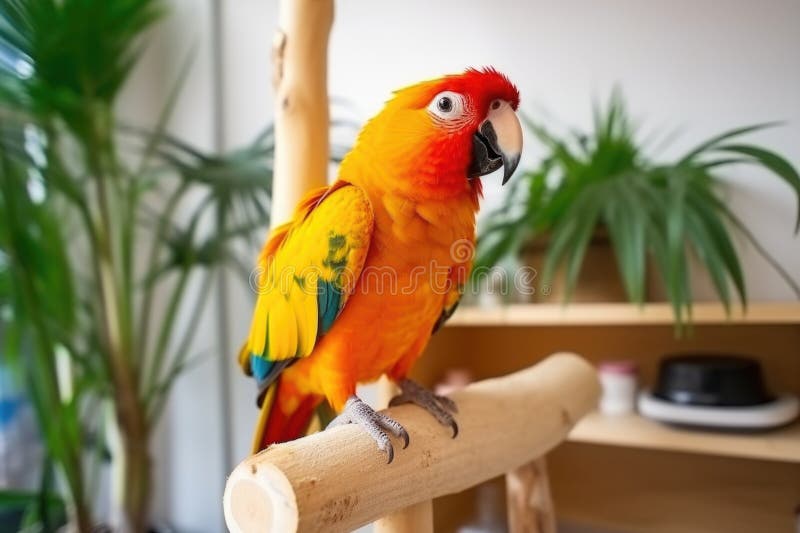 Red Parrot Perched on a Wooden Stand Indoors Stock Image - Image of ...