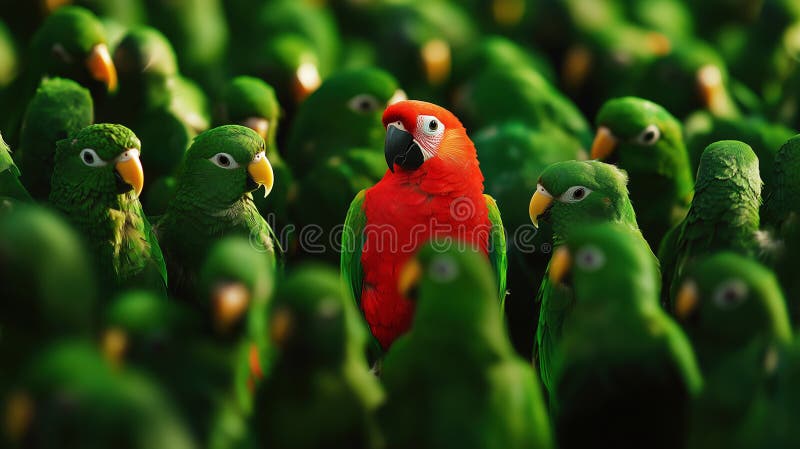Red Parrot Standing among Group of Green Parrots. Generative AI Stock ...