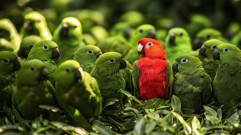 Red Parrot Standing among Group of Green Parrots. Generative AI Stock ...