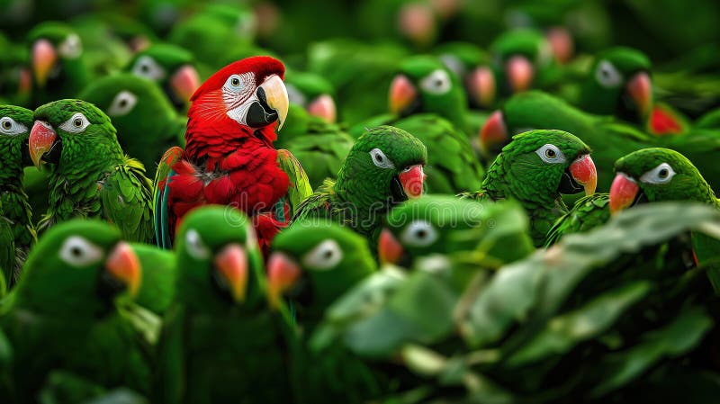 Red Parrot Standing among Group of Green Parrots. Generative AI Stock ...