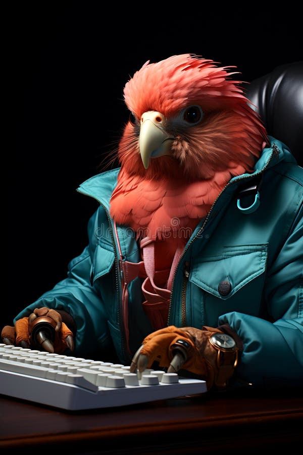 Red Parrot Wearing Blue Jacket Sitting in Front of Keyboard. Generative ...