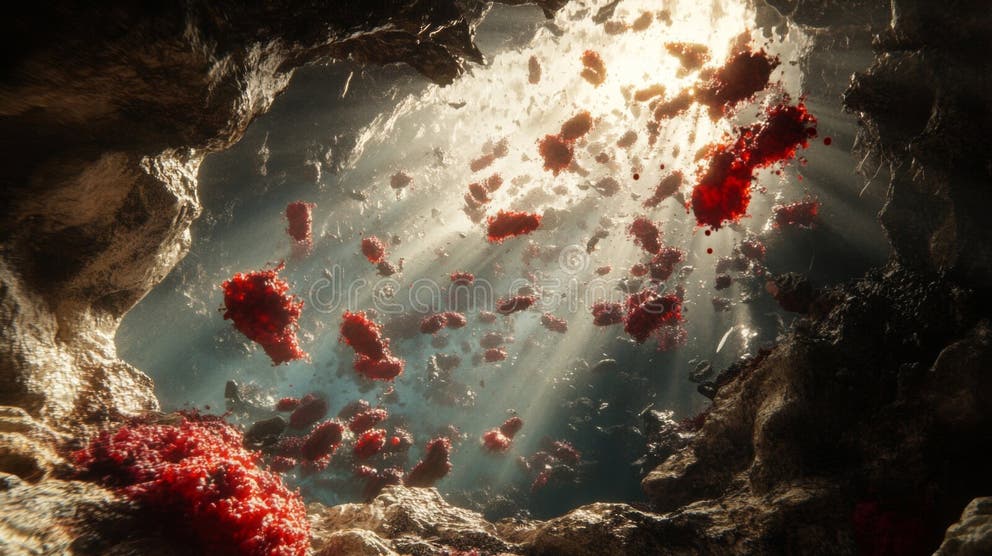 Red Particles Floating in Dark Cave with Light Rays Stock Illustration ...