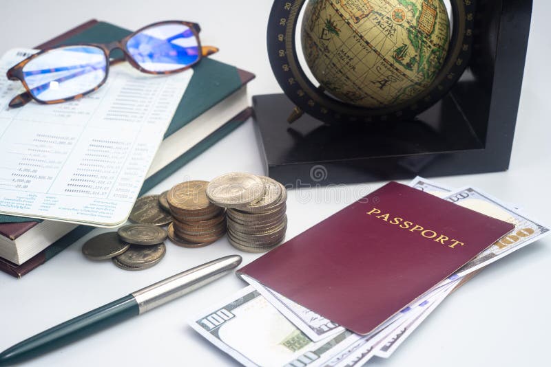 Red Passport with Banknotes and Coins Globe. Travel Concept Stock Photo ...