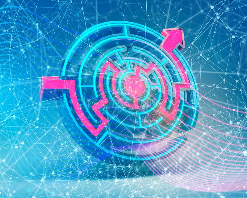 Red Path Across Round Shape Blue Labyrinth. 3D Render Stock ...