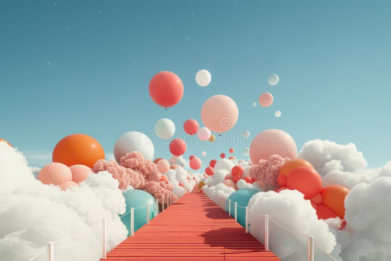 A Red Path Leads Up through Fluffy Clouds Towards a Sky Filled with ...