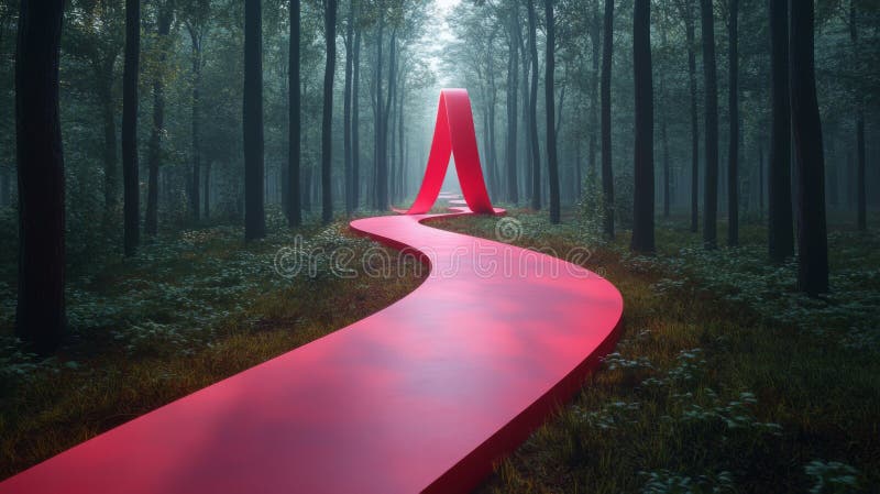 Red Pathway Winding through a Misty Forest Scene Stock Illustration ...