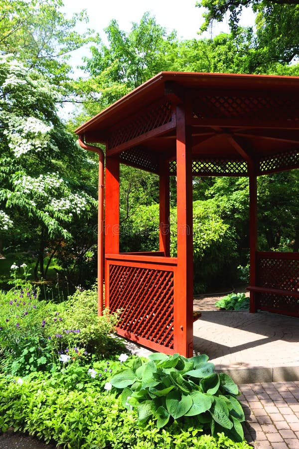 Red Pavilion and Lush Trees Stock Image - Image of path, landscape ...