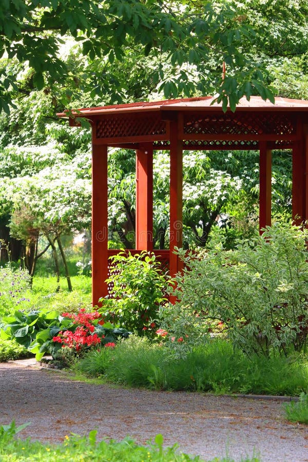 Red Pavilion and Lush Trees Stock Image - Image of garden, park: 270783677