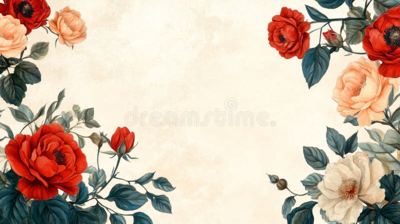 Red and Peach Roses Frame Beige Background Stock Illustration ...