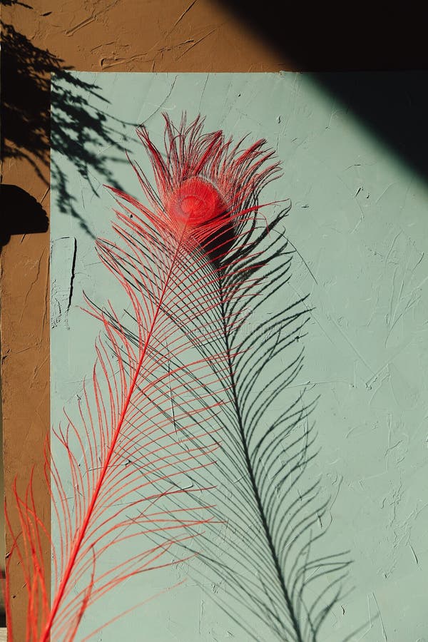 Red Peacock Feather on Blue Background Stock Image - Image of ...