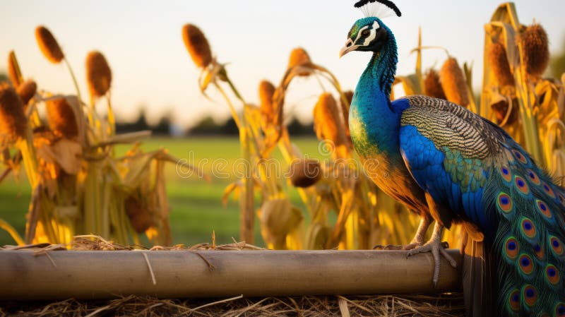 Glowing Peacock on Wooden Post: Emotive Fields of Color and Golden ...