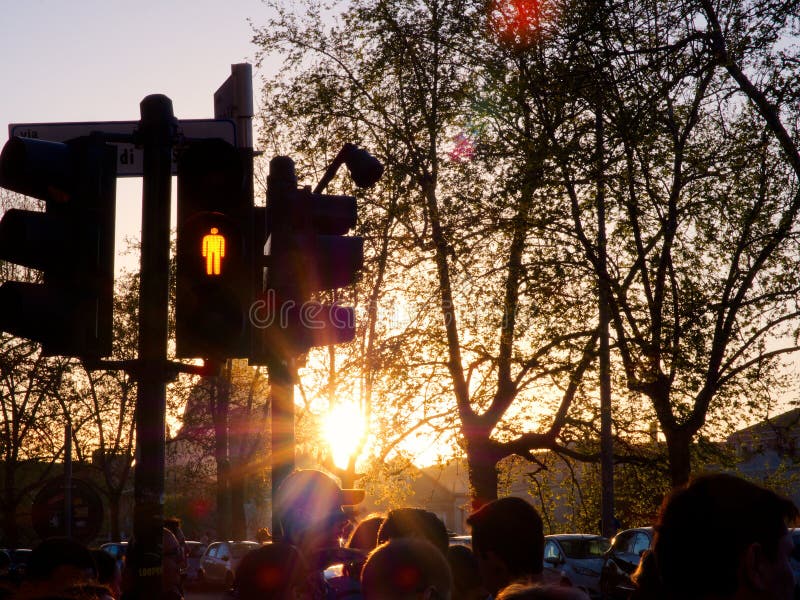 Red Pedestrian Traffic Light Sunset. Rome, Italy Stock Image - Image of ...