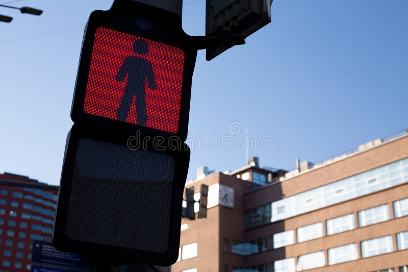 Red Pedestrian Traffic Signal with Digital Elements in Urban Setting ...