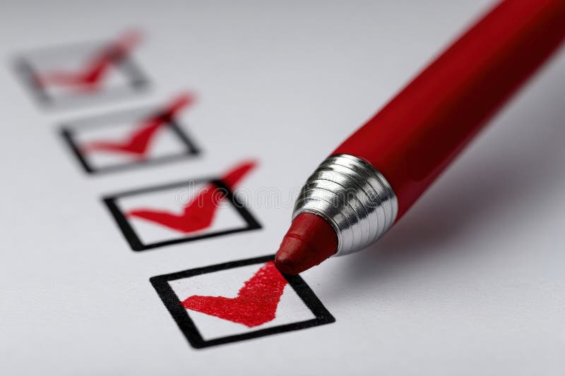 Red Pen Marking Checkboxes on a White Paper List in an Office Setting ...