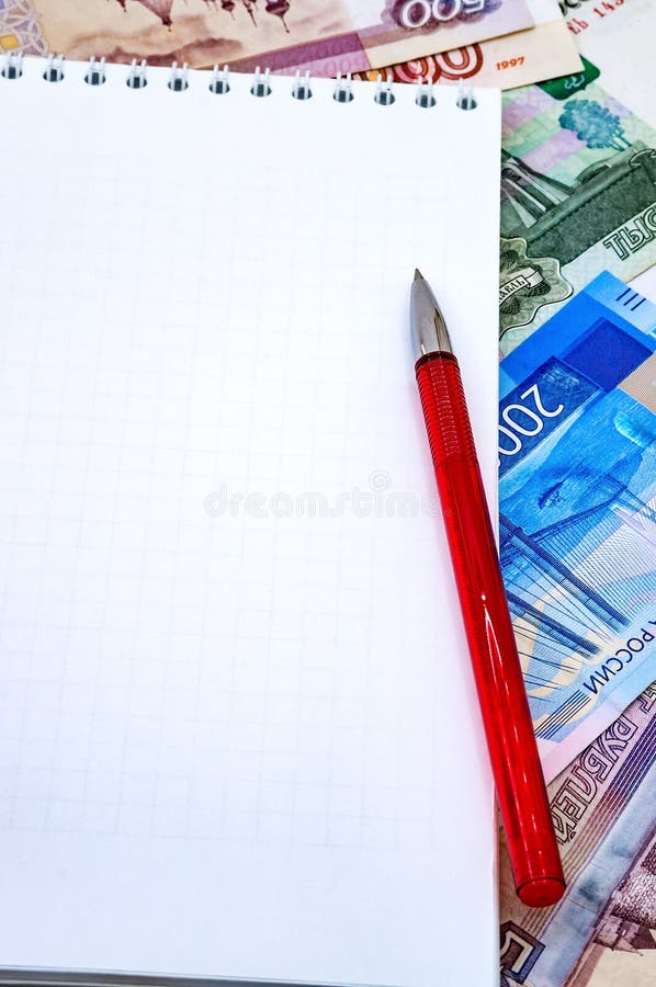 Red Pen and Notepad. Russian Money and a Notebook for Notes. Paper ...