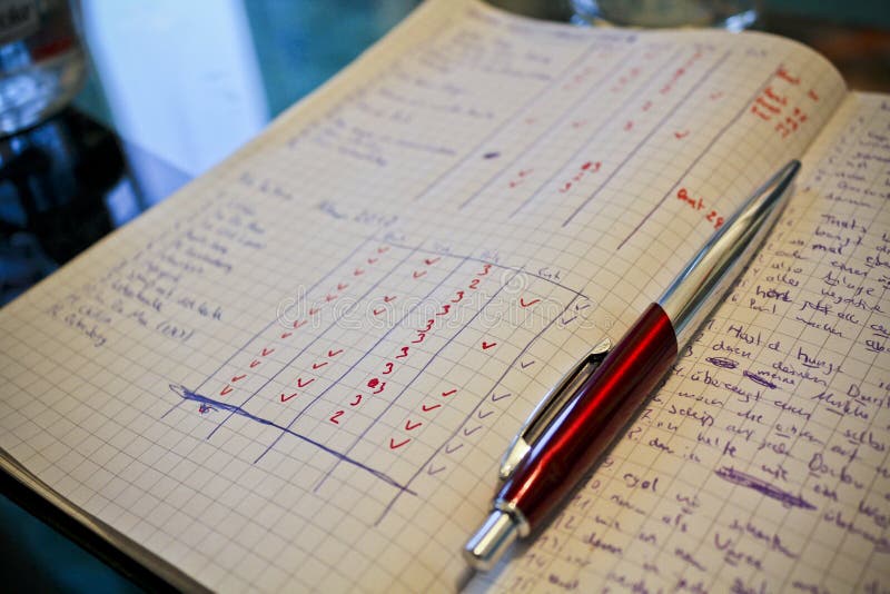 Red Pen and Writing Pad with Written Lyrics, Rhyming Verses Stock Photo ...