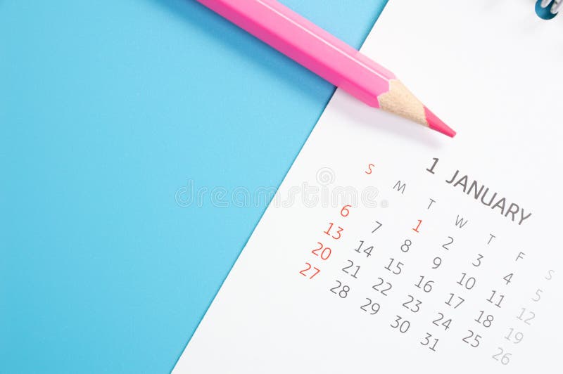 Red Pencil and Calendar on Blue Background Stock Photo - Image of ...