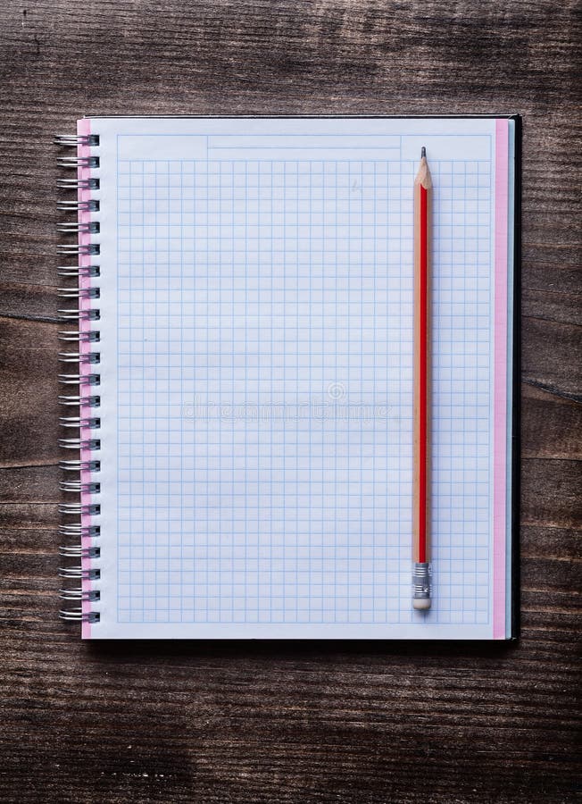 Red Pencil and Checked Notepad on Pine Wooden Stock Photo - Image of ...