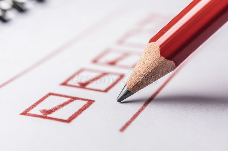 Red Pencil Checking Boxes on a Business Productivity Checklist Stock ...