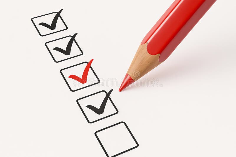 Red Pencil Checking Boxes on a Checklist with Black and Red Check Marks ...
