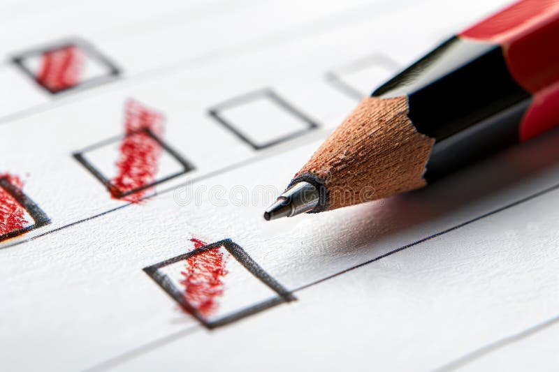 Red Pencil Checking Off Square Boxes on White Paper Stock Illustration ...